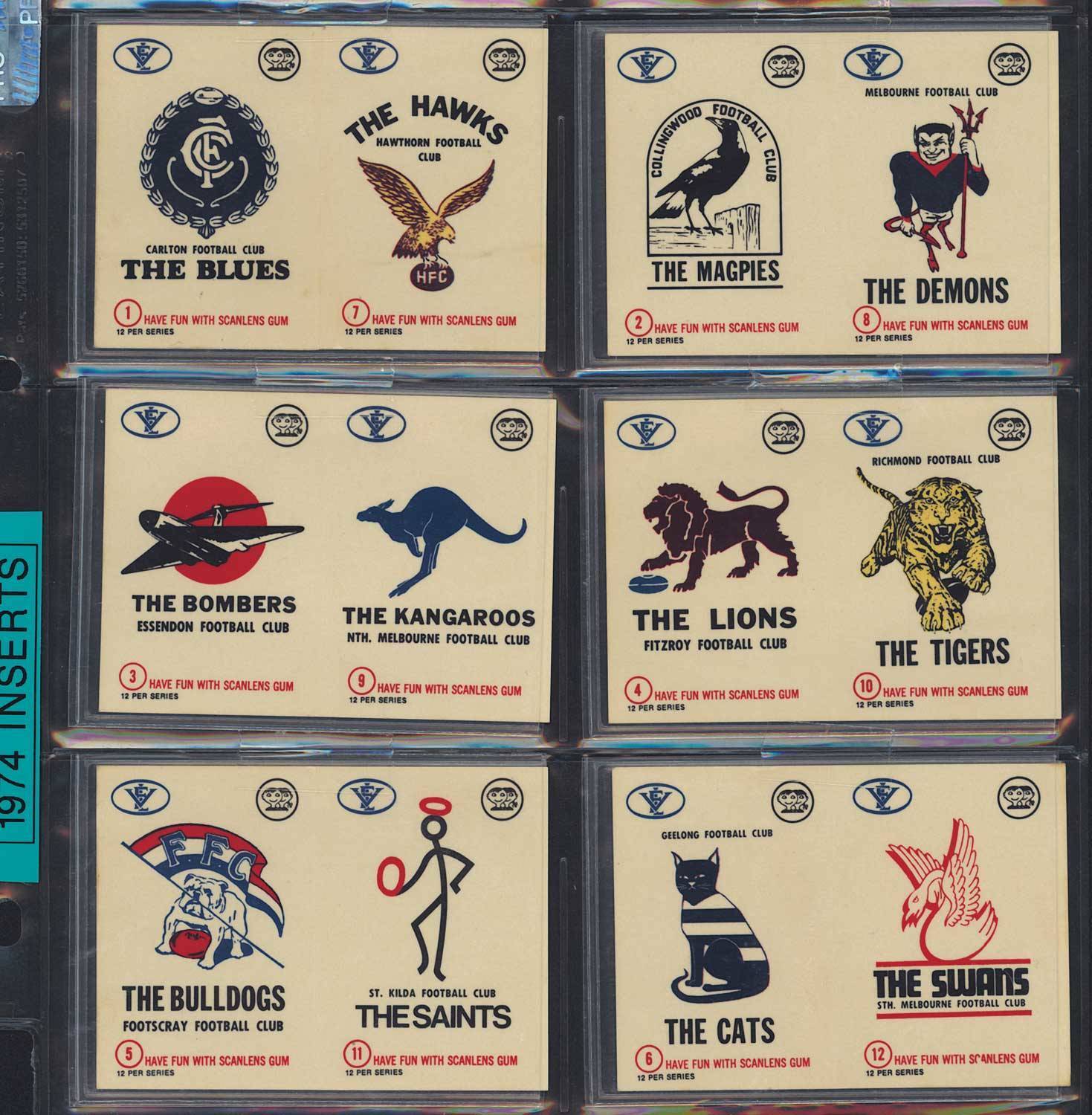 1974 Scanlens Club Crest Stickers [12] (6 pairs). G/VG.