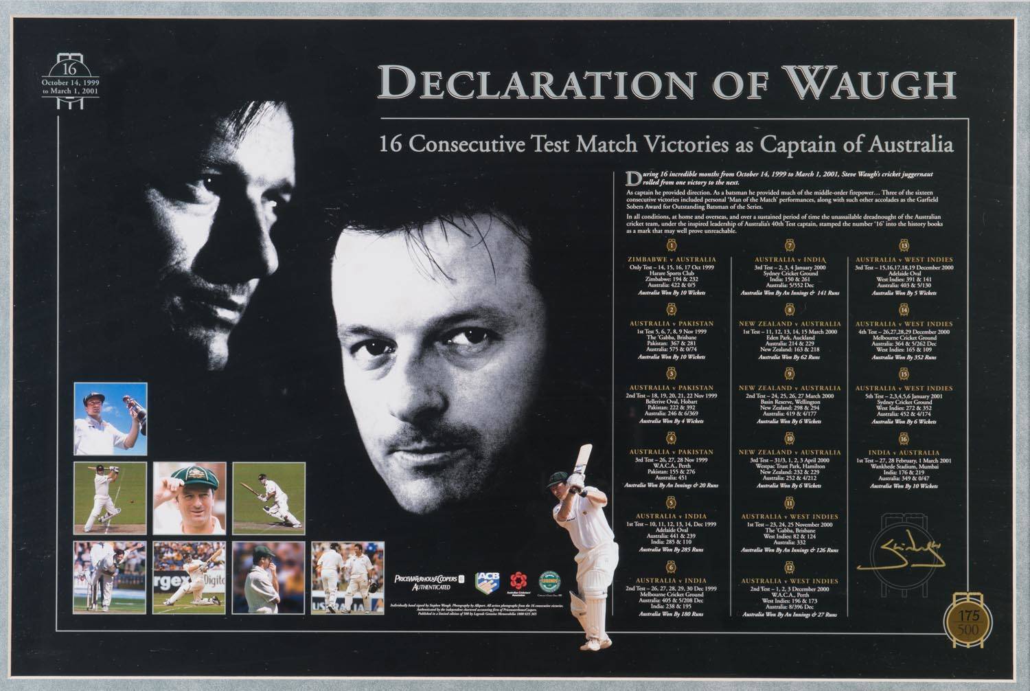 STEVE WAUGH, lithographed prints Declaration of Waugh, 16 Consecutive ...