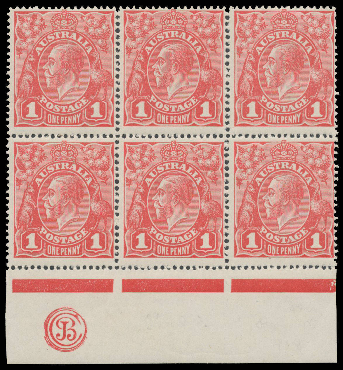 ONE PENNY RED COMB PERF SMOOTH PAPER: Plate 4 'JBC' Monogram (3mm below ...