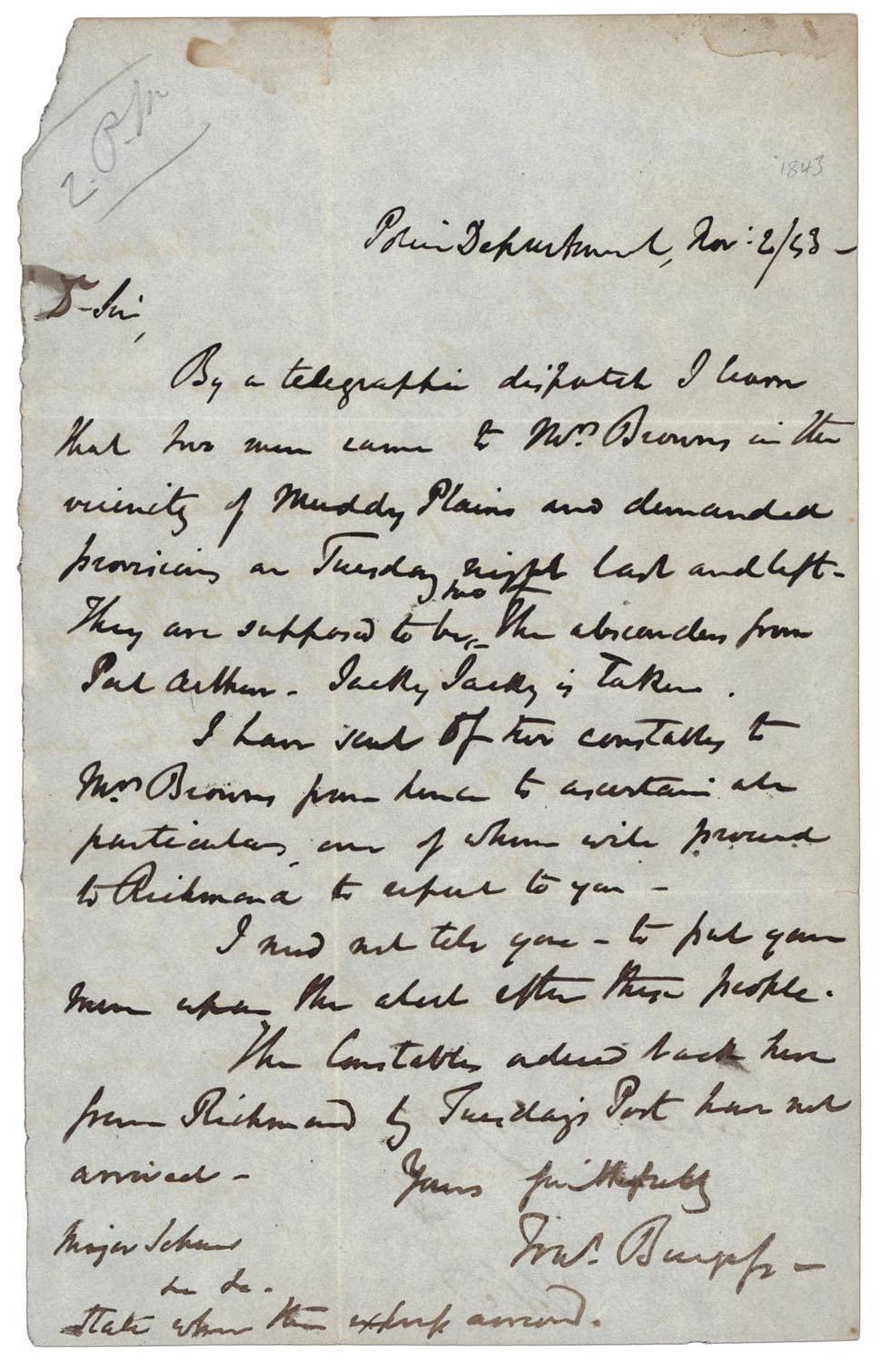 THREE CONVICTS ESCAPE FROM PORT ARTHURNovember 1843 hand-written letter ...