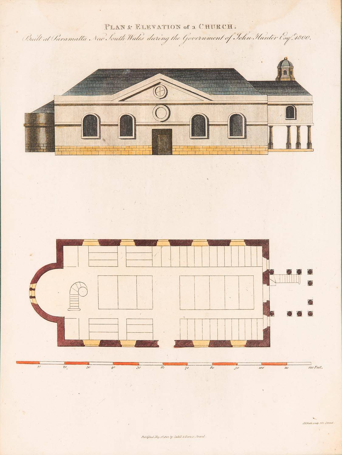 A colour print of a plan and elevation drawing of a church, Parramatta ...
