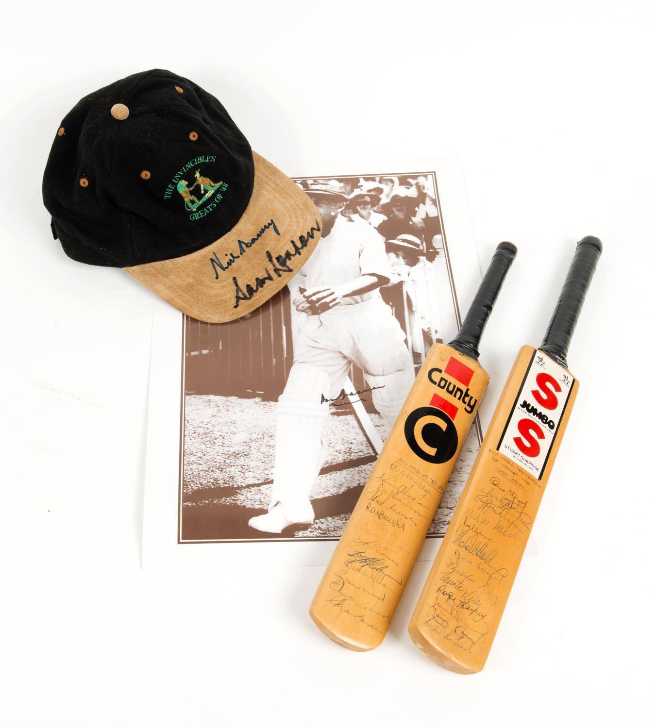 BALANCE OF COLLECTION, noted signed Don Bradman poster; Invincibles cap ...
