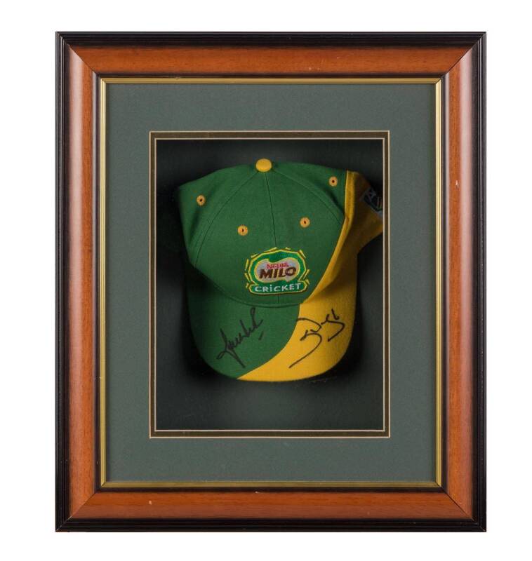 SIGNED CRICKET DISPLAYS, noted cap signed by Shane Warne & Steve Waugh ...