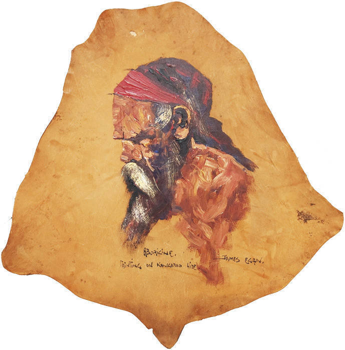 JAMES EGAN. Oil Painting on hide mounted on board, titled ABORIGINE ...