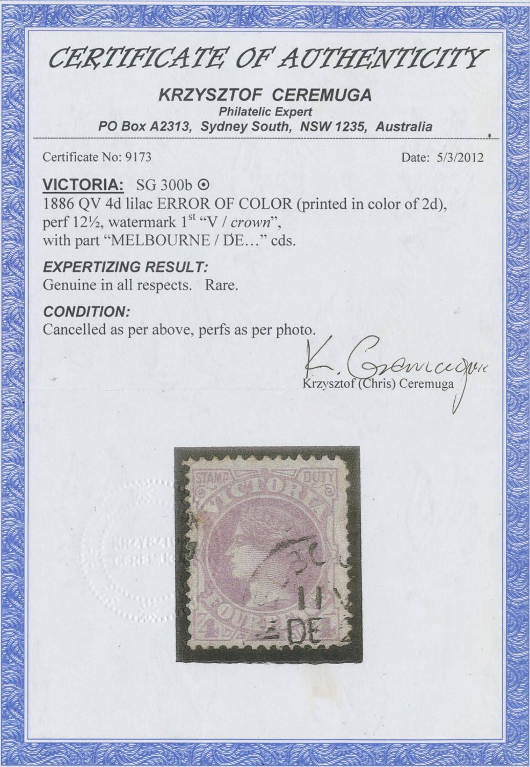 Victoria: 1885-95 Naish Stamp Duty Designs 4d lilac Error of Colour SG ...