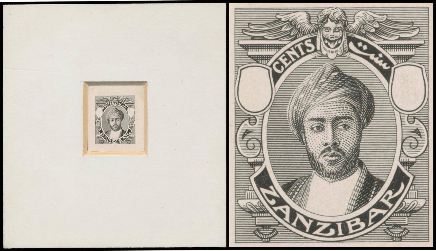 Zanzibar: Two exhibit pages with 1913 master die proof with blank value ...