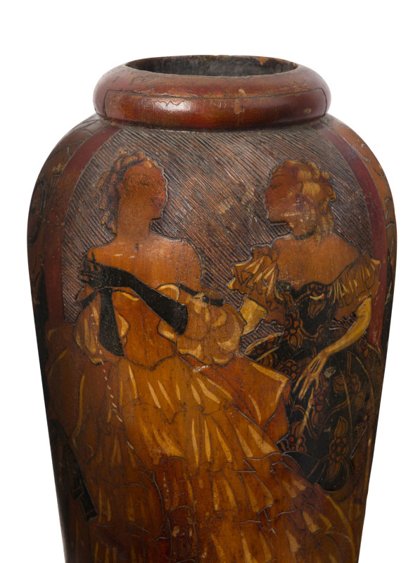 A pokerwork vase finely decorated with the GOYA SOAP female figure ...