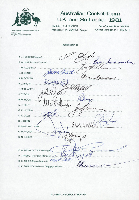 1980-89 collection of Australian Official Team sheets; all fully signed