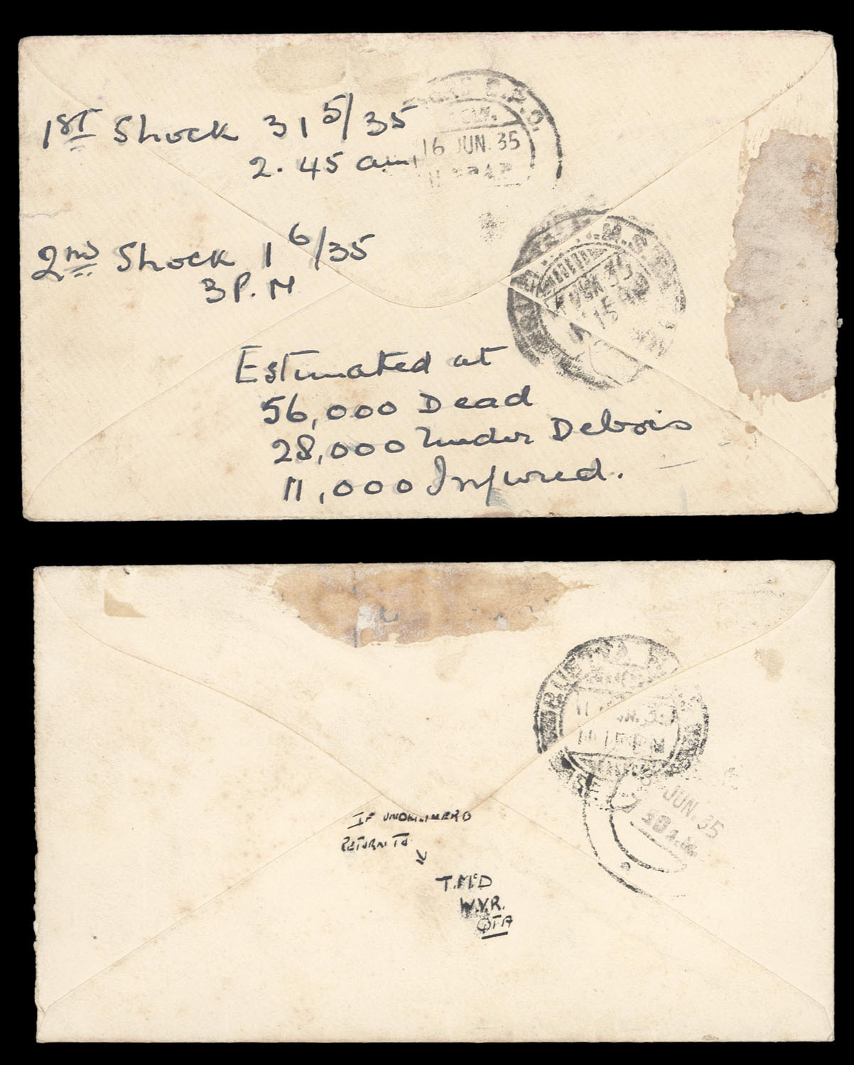 INDIA: 1935 Quetta Earthquake stampless covers sent to Lahore, struck ...