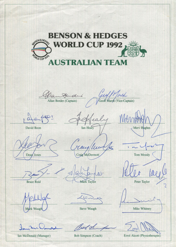 1991-99 collection of Australian Official Team sheets; all fully signed.