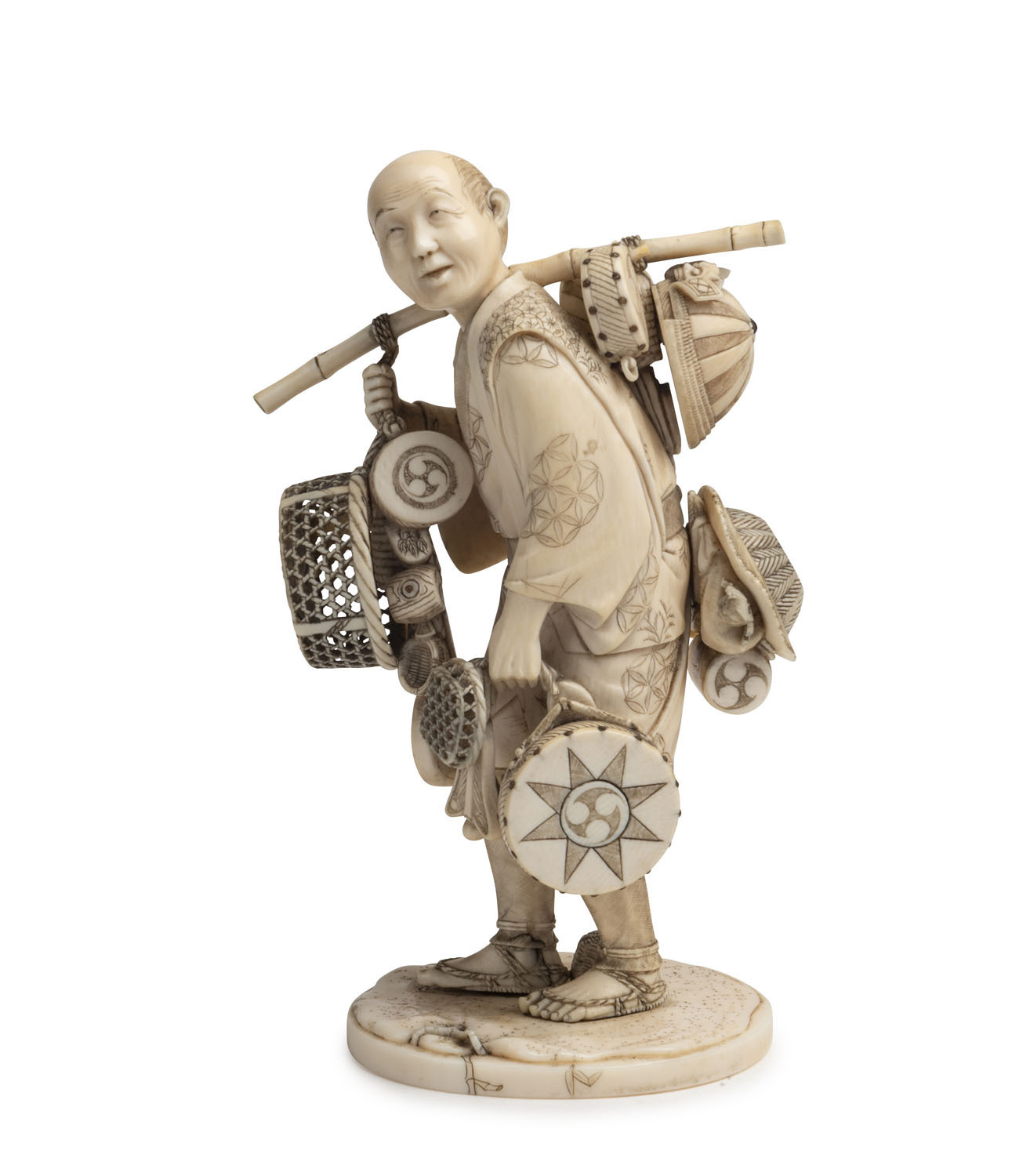 Japanese carved ivory statue of a Ronin Samurai, Meiji period, with red ...
