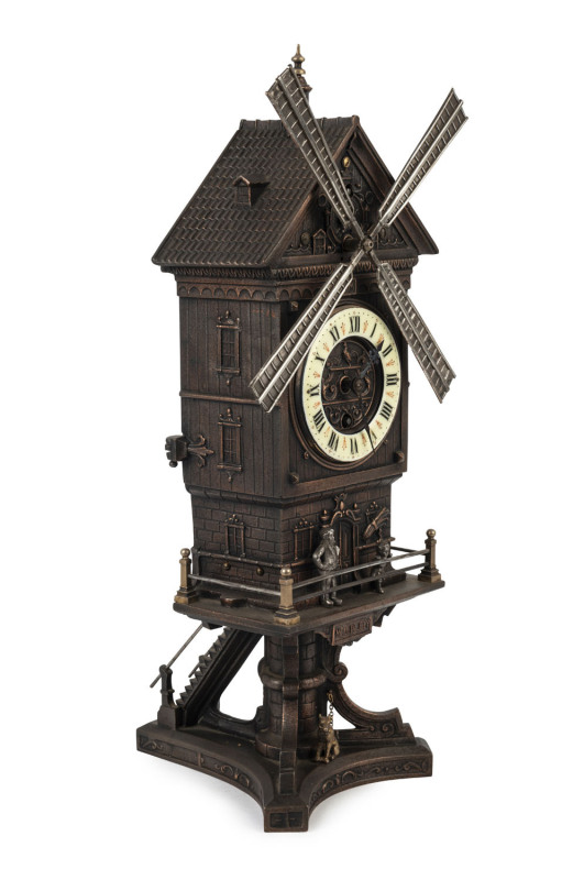 French Windmill automaton clock, bronze finished metal case with enamel ...