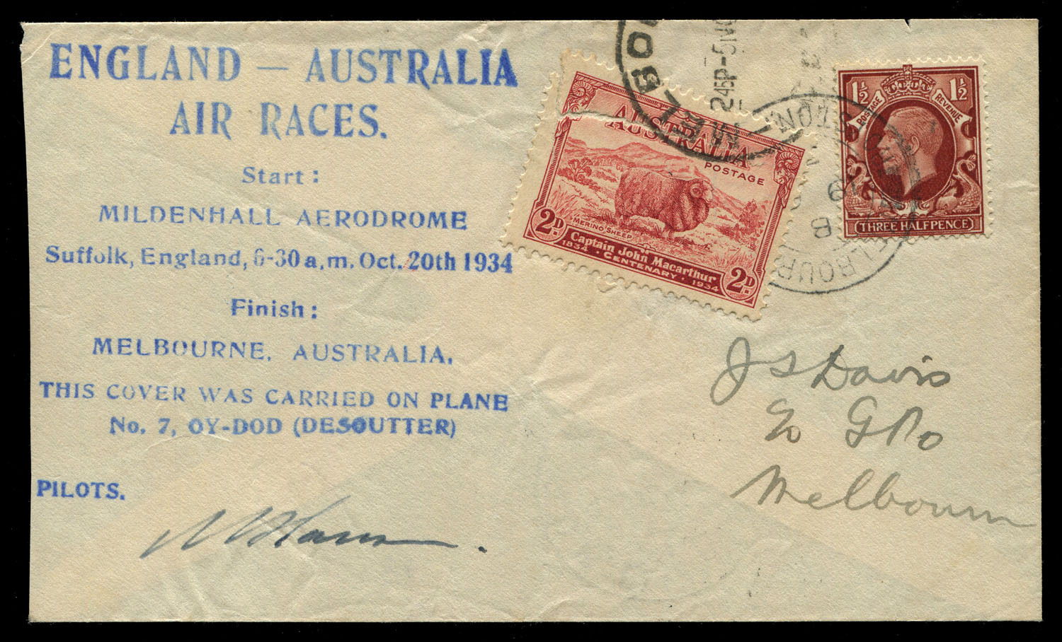20-31 October 1934 (AAMC.441) MacRobertson Air Race cover, flown and ...