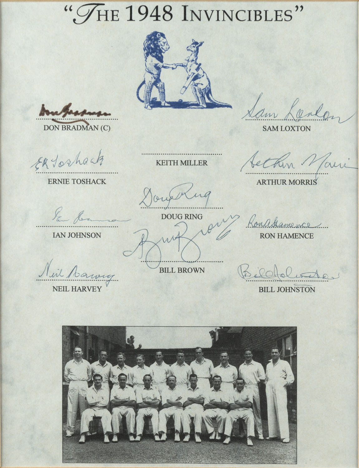 The 1948 Invincibles a privately printed team sheet incorporating a ...