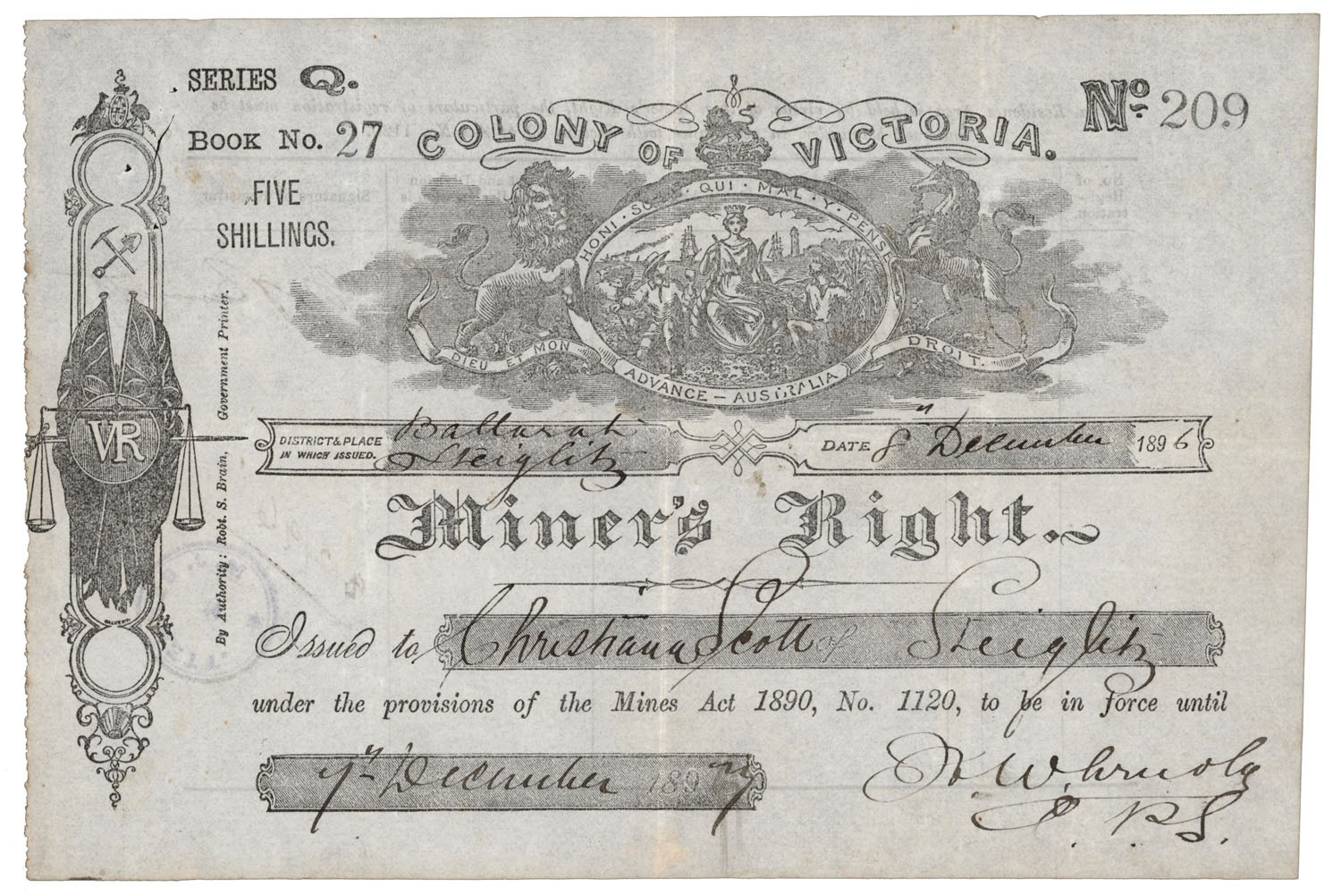 MINER'S RIGHT: Two for the Colony of Victoria, Ballarat goldfields ...