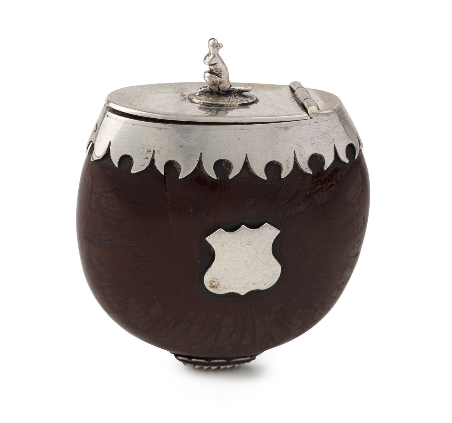 An Australian silver mounted burra nut vesta with kangaroo finial, 19th ...