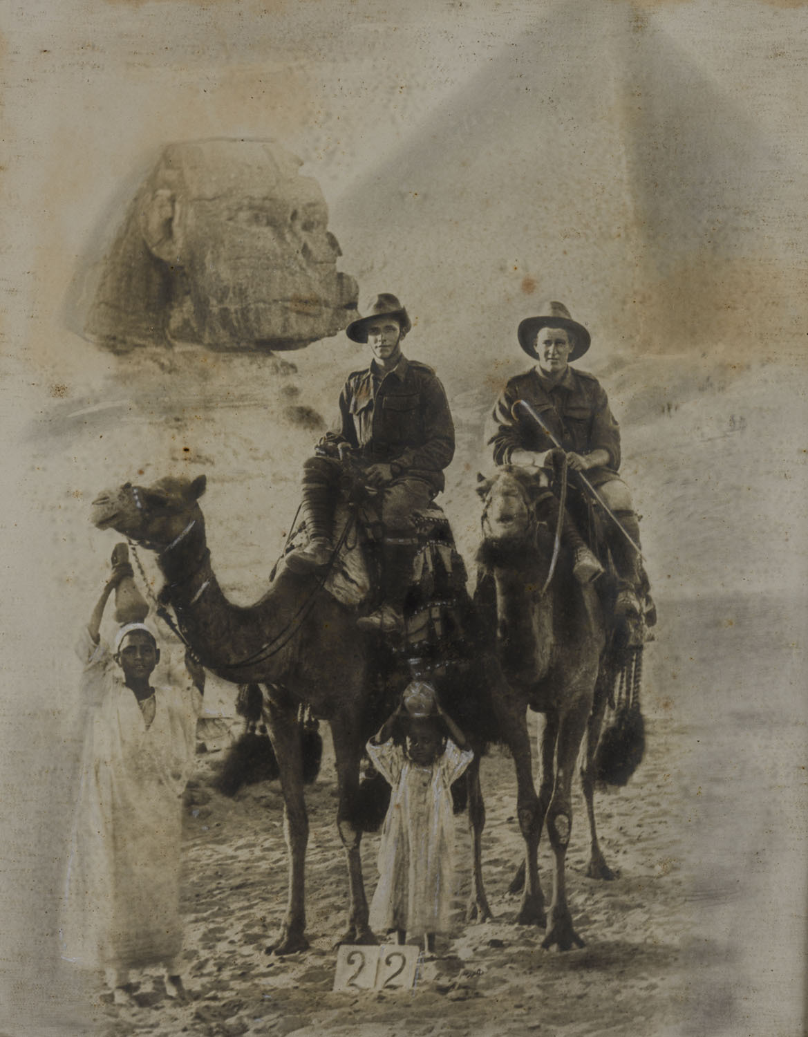WW1 period photo of two Australian soldiers on camels in front of the ...