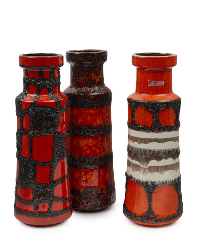 Three German orange pottery retro vases, circa 1960, stamped W.GERMANY ...