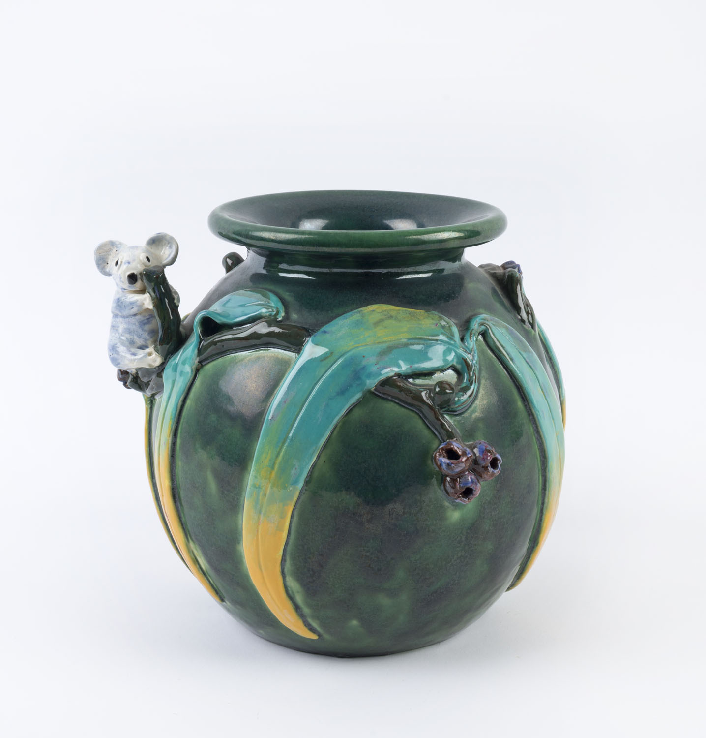 DAVID C. LYONS Australian pottery vase with applied koala, gumnuts and ...
