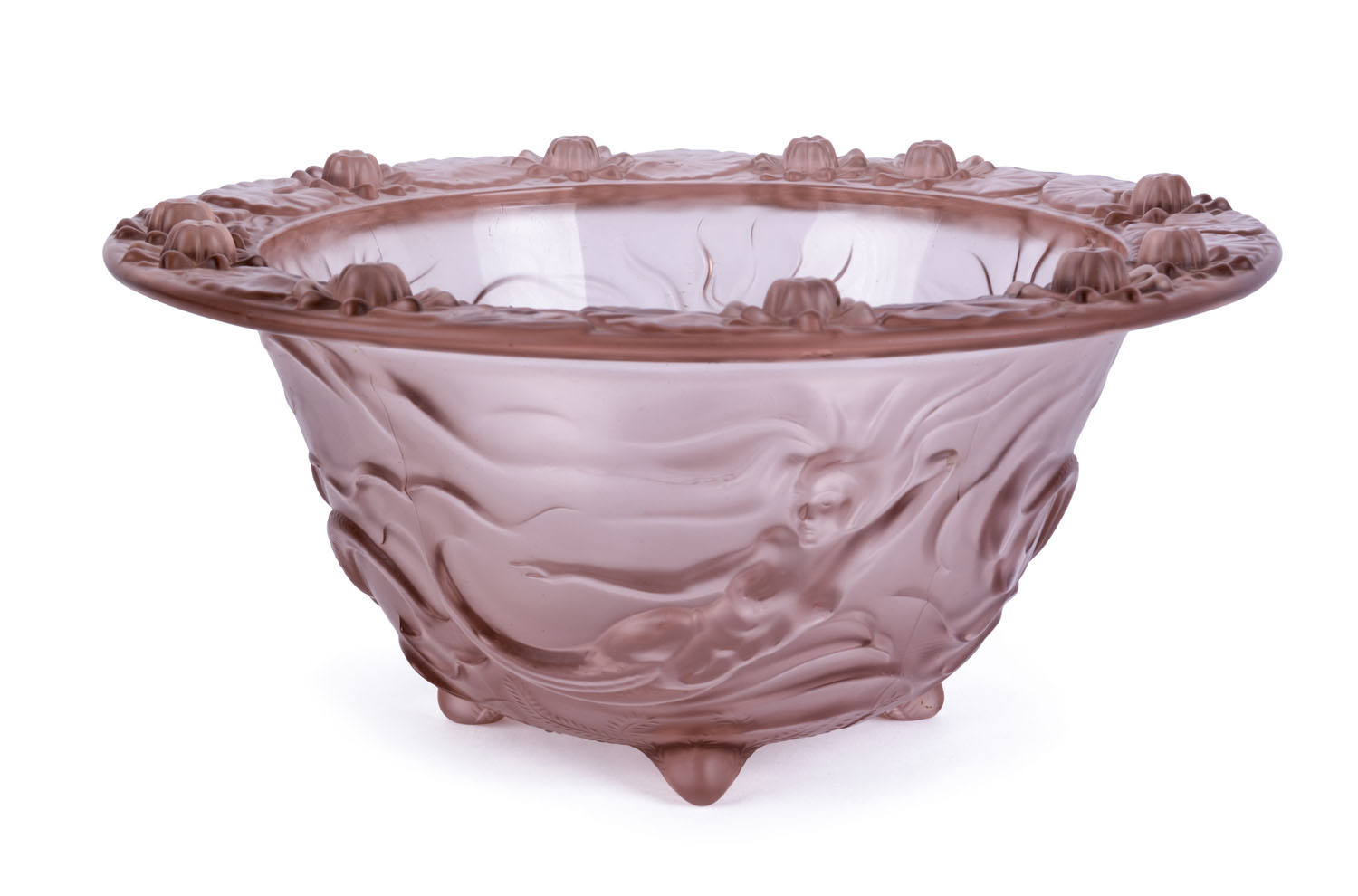 A Bohemian Art Deco pink glass fruit bowl with mermaids and lotus ...