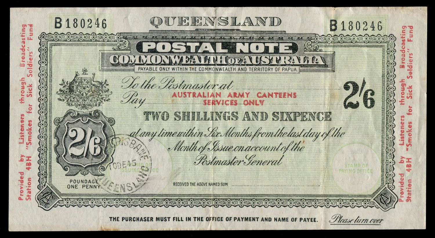 QUEENSLAND: Revenues: POSTAL NOTE: 1945 use at Brisbane of Commonwealth ...