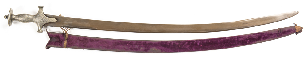 SILVER MOUNTED INDIAN TULWAR: vg cond 32 watered steel hollow ground ...