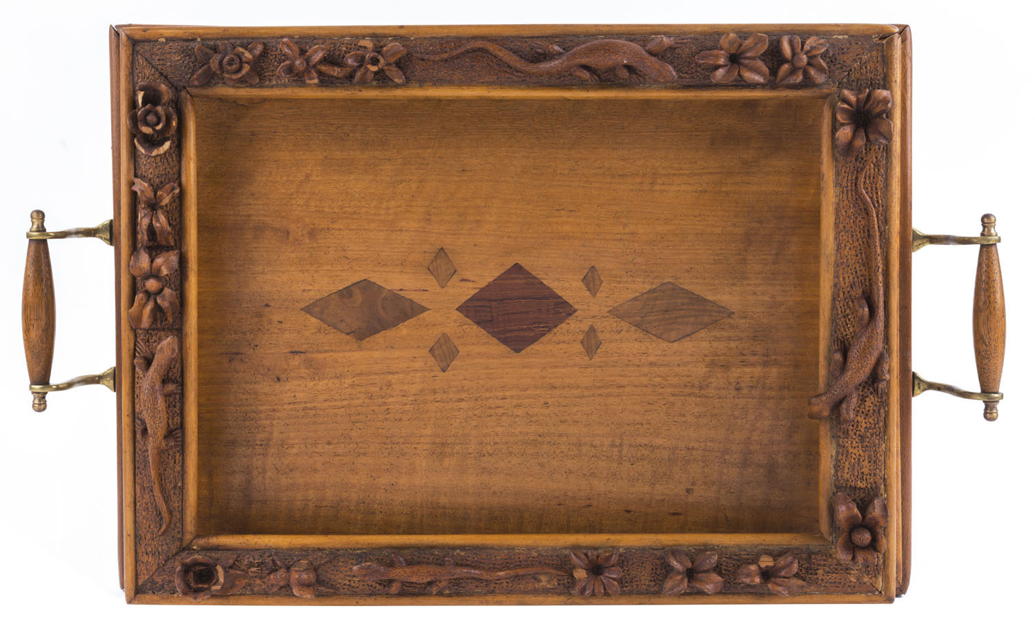 An Australian serving tray with carved gallery adorned with flowers and ...