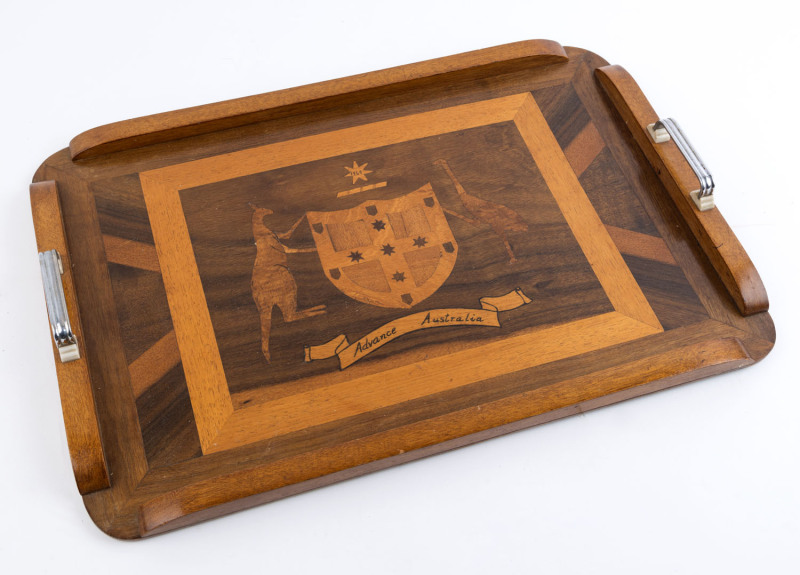 An Australian serving tray inlaid with coat of arms emblazoned ADVANCE ...