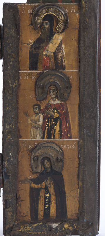 An antique Russian silver triptych icon, 18th century, 17cm high, 22cm wide