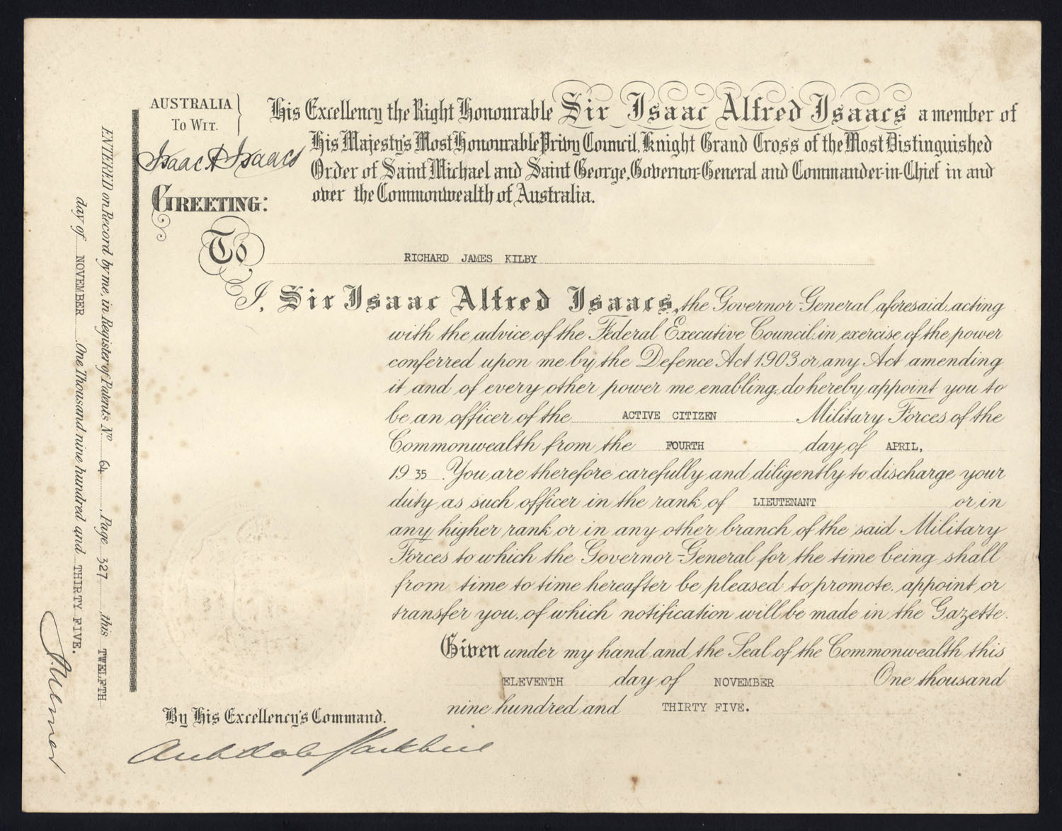 Instrument of Appointment for an officer to the Military Forces of the ...