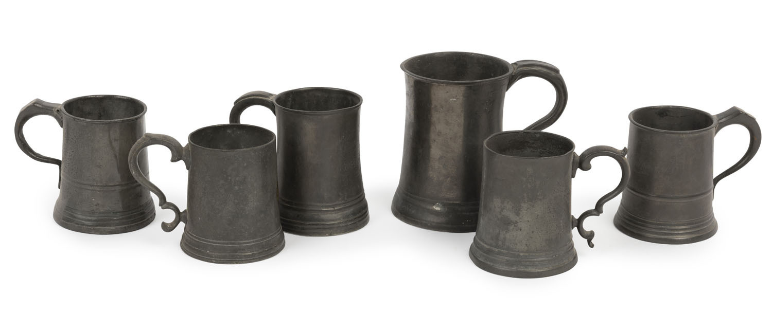 Six assorted antique pewter tankards, 18th and 19th century, pint and ...