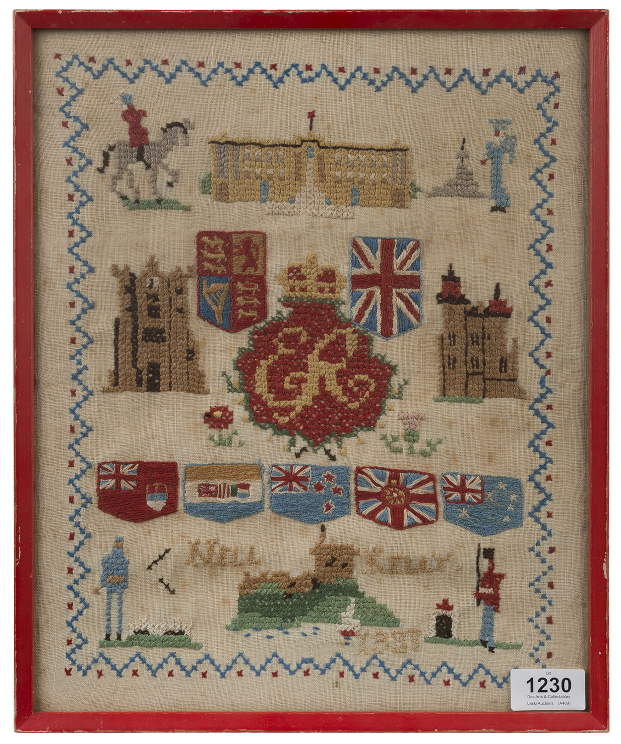 A Coronation sampler by NELL KELLY, 1937 , framed and mounted 37 x 31cm ...