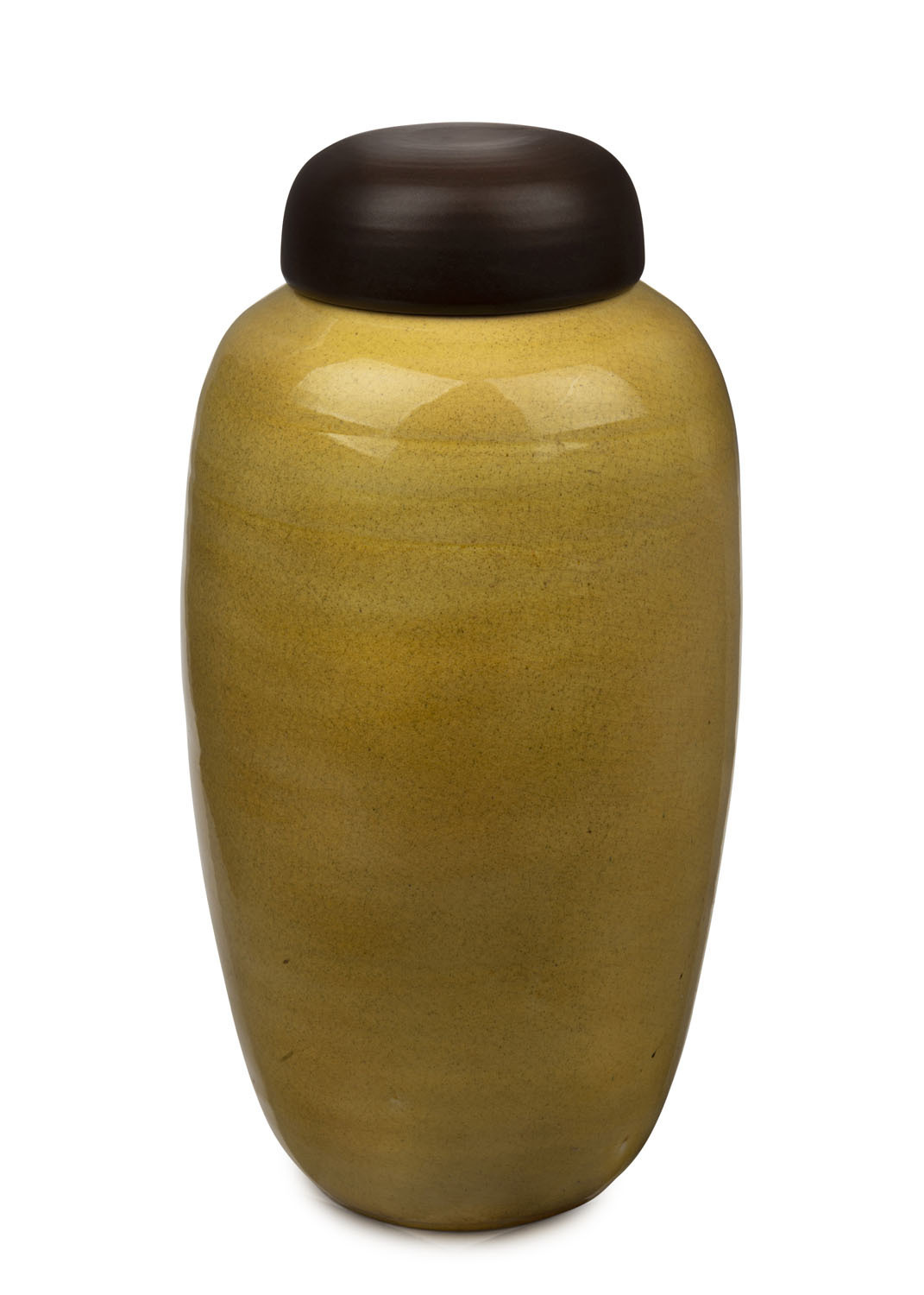 ALLAN LOWE yellow glazed studio pottery vase with brown lid, incised ...