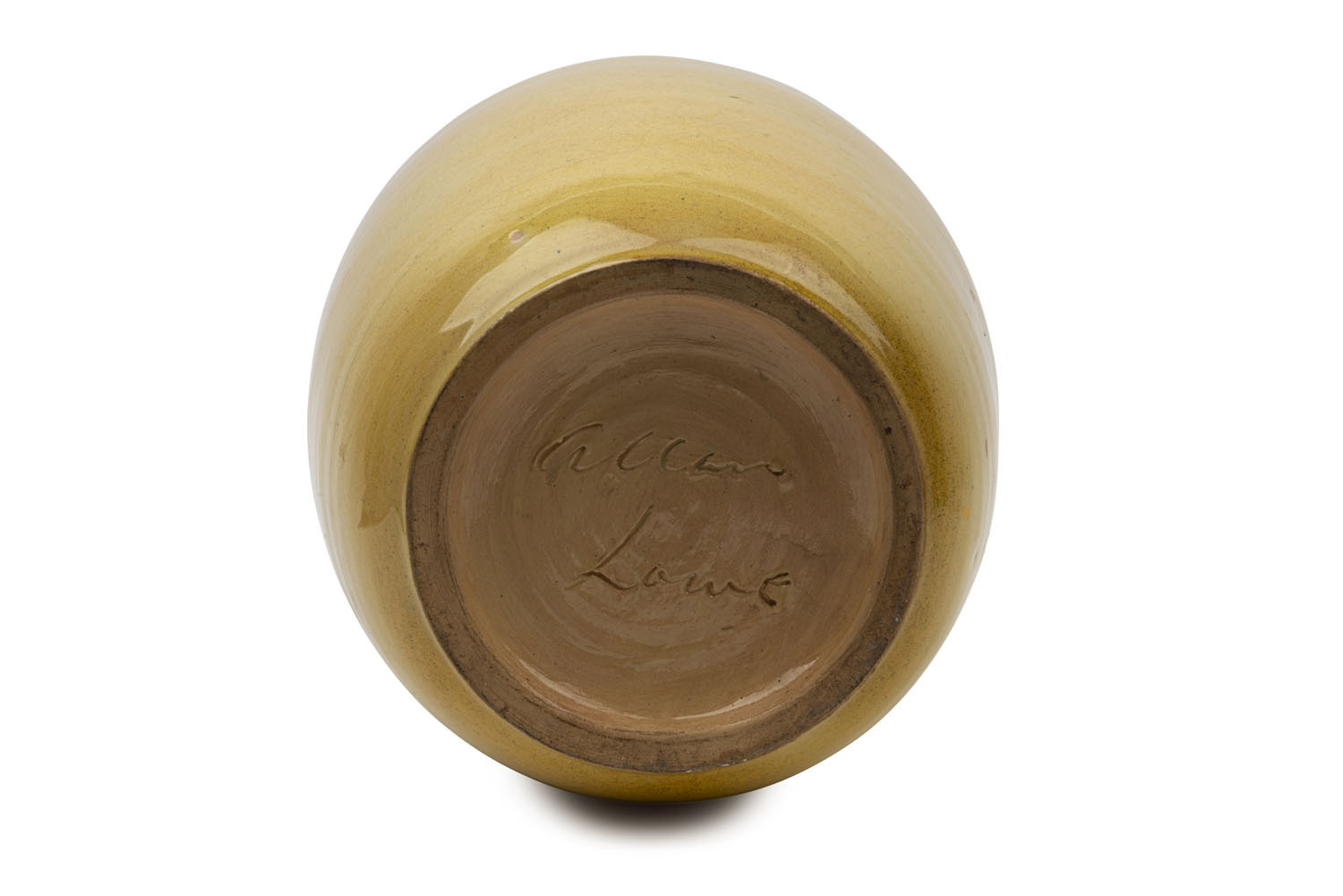 ALLAN LOWE yellow glazed studio pottery vase with brown lid, incised ...