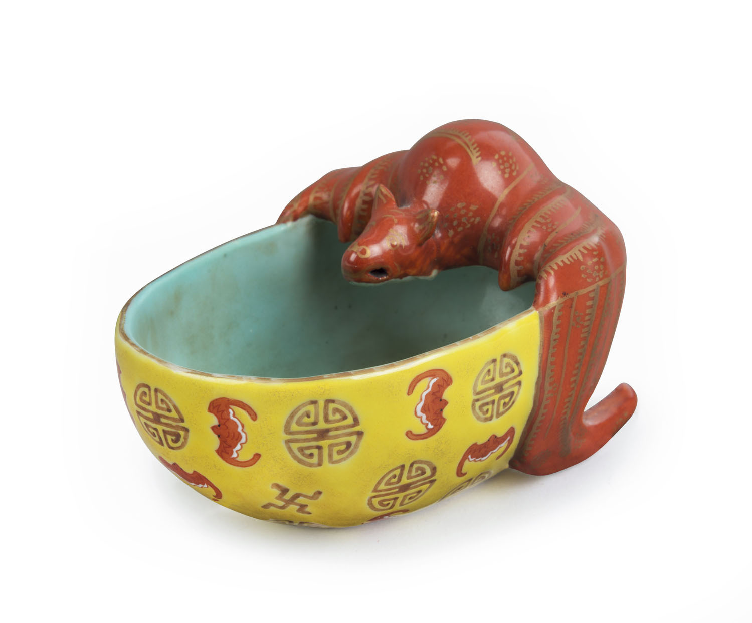 An antique Chinese porcelain washer in the form of a bat with Wan ...