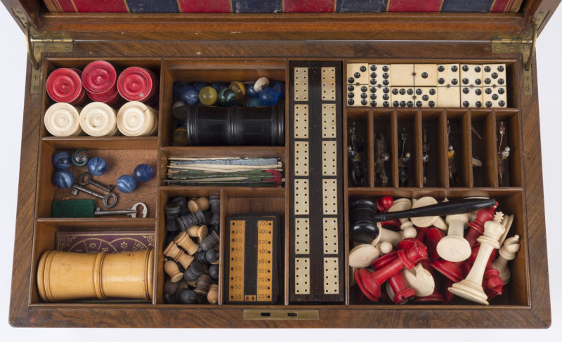A superb antique walnut games box compendium, interior fitted with ...