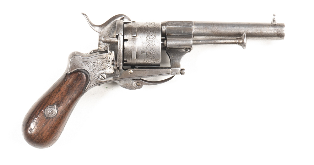 LEFAUCHEUX MEDIUM FRAME PINFIRE POCKET REVOLVER: 7MM; 6 shot foliate ...