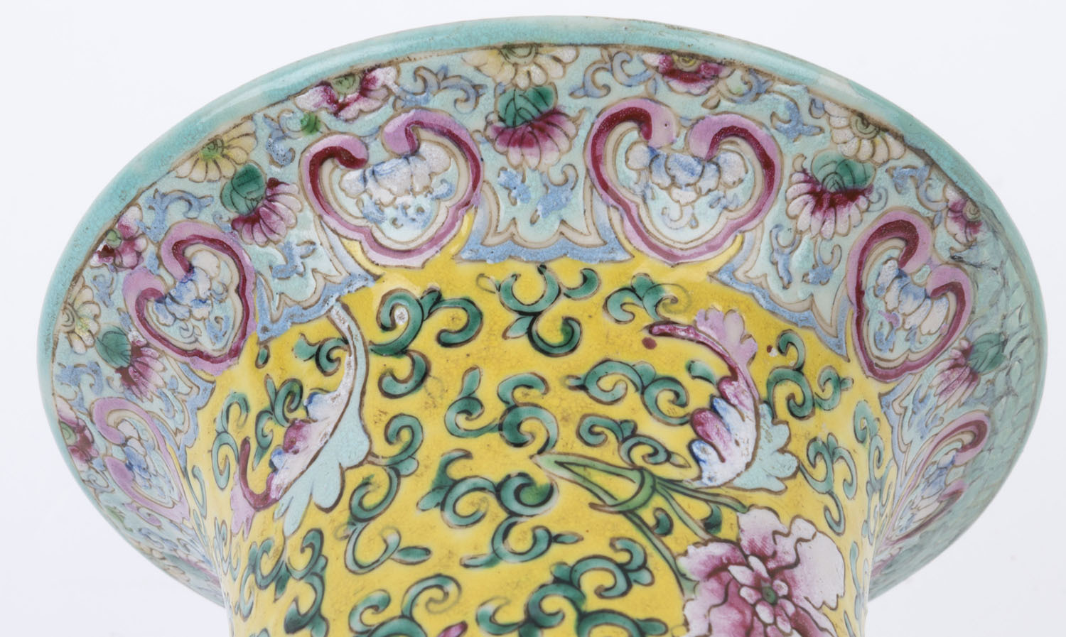 A Chinese porcelain famille rose pattern vase on Imperial yellow ground ...