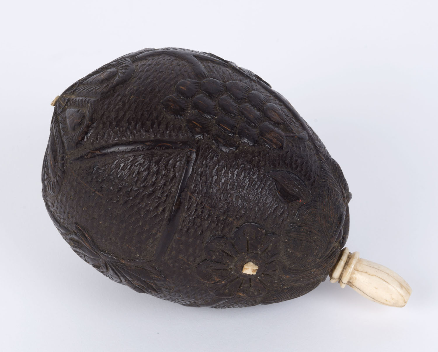 BUGBEAR carved coconut powder flask with whalebone spout and adornments ...