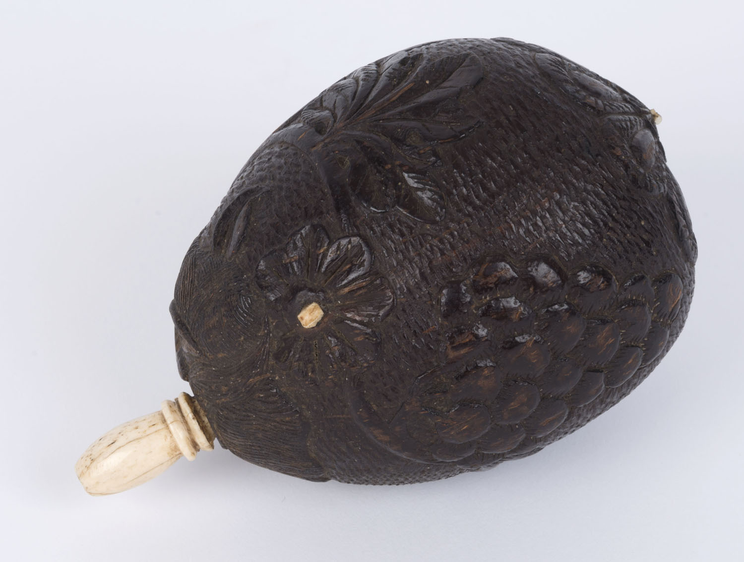 BUGBEAR carved coconut powder flask with whalebone spout and adornments ...