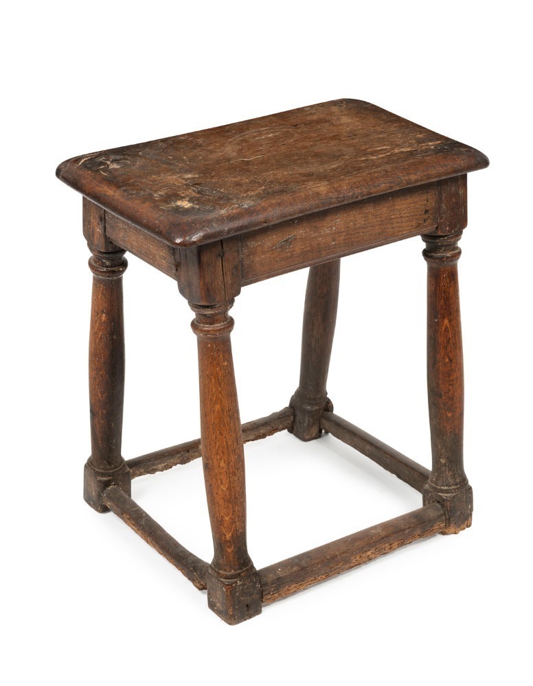 An antique English oak stool with peg joint construction, 17th/18th ...