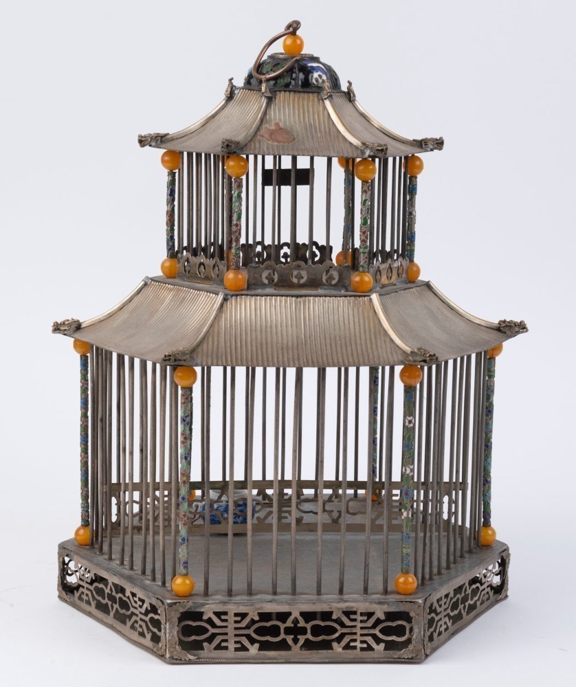 A Chinese silver finished bird cage with cloisonne and yellow bead ...
