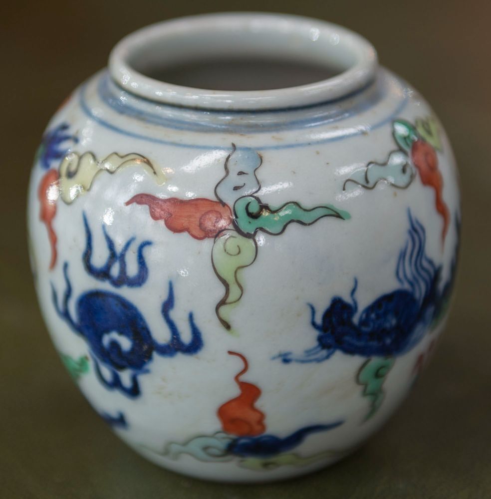 Three Wucai Chinese ceramic vases, Ming Dynasty, one with Chang Ming Fu ...