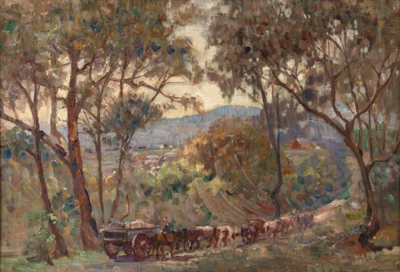 HAL WAUGH (1860-1941), (the bullock dray), oil on canvas, signed lower ...