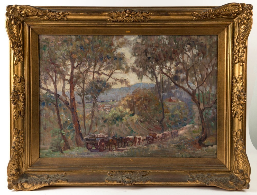 HAL WAUGH (1860-1941), (the bullock dray), oil on canvas, signed lower ...