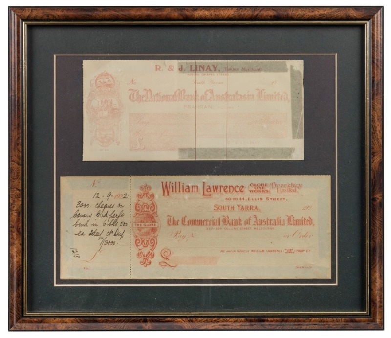 FRAMED COMMERCIAL DOCUMENTS comprising 1922 Commercial Bank of ...