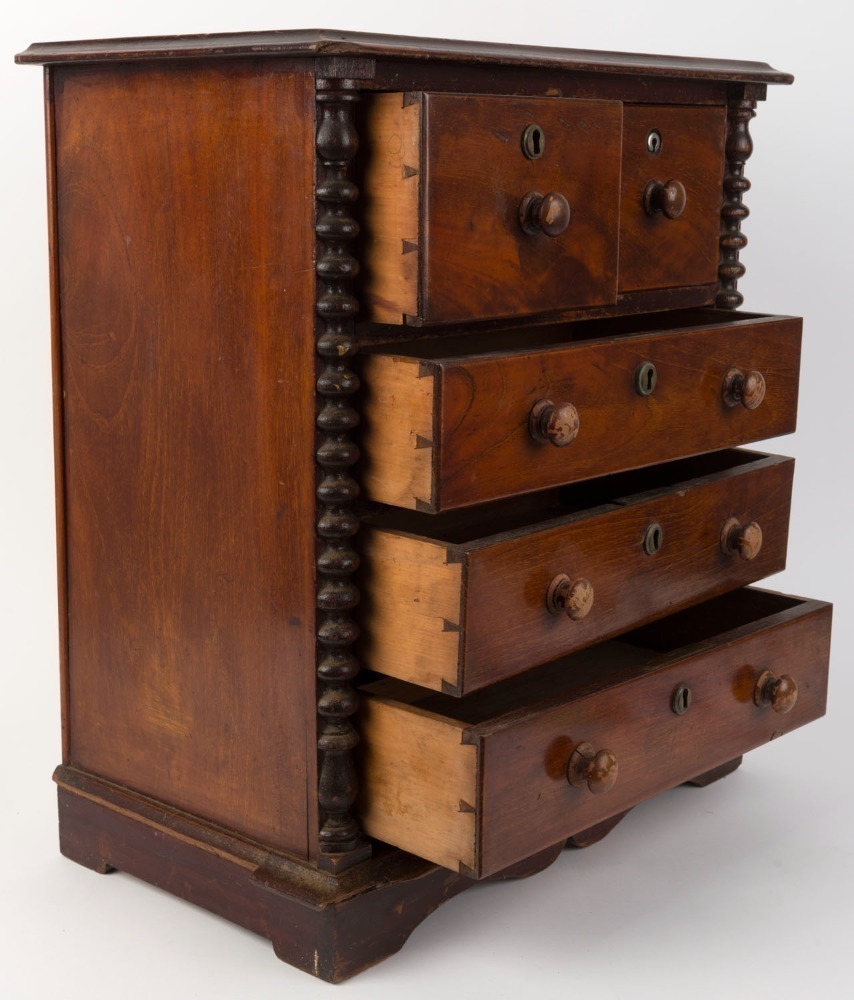 A Colonial antique apprentice chest of five drawers, cedar and pine ...