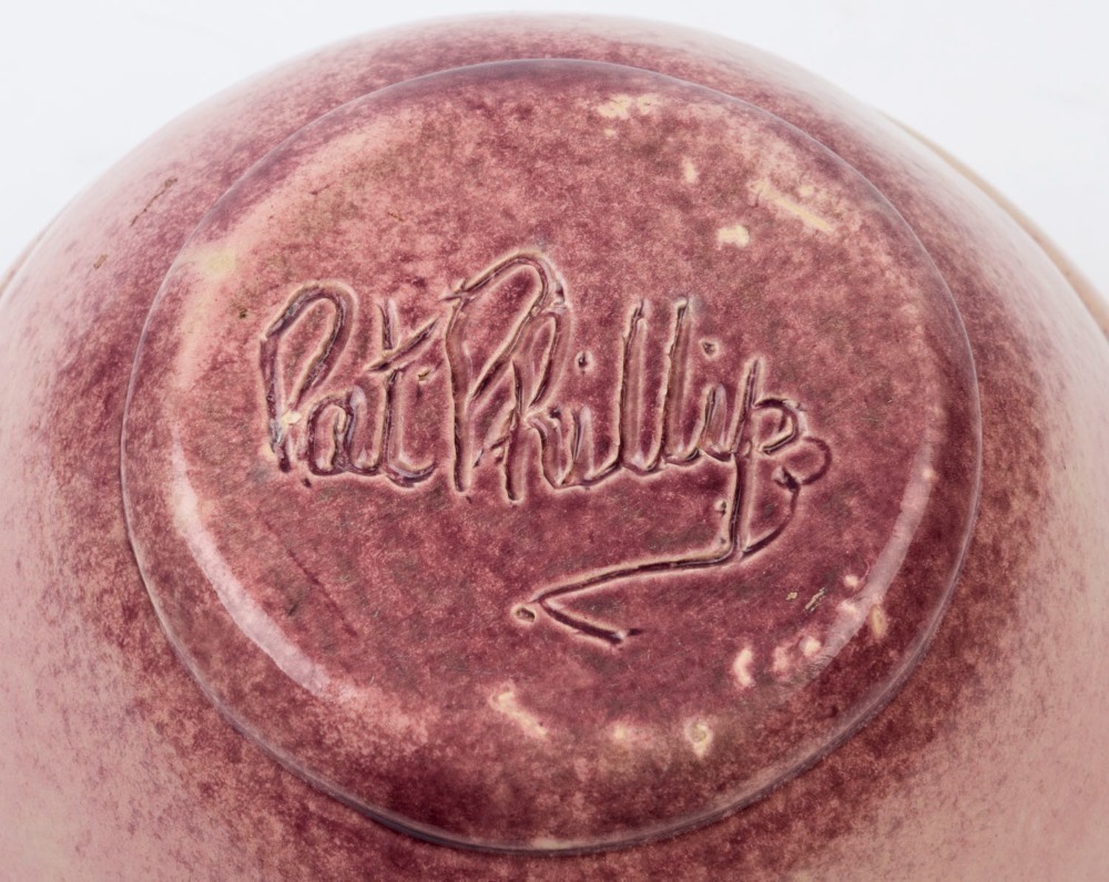 PAT PHILLIPS unusual pink glazed pottery bowl with pierced top, incised ...