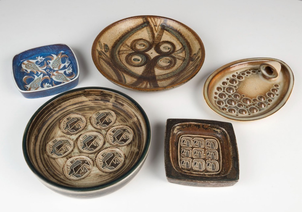 Four Danish pottery bowls and an unusual Danish pottery candle wall ...
