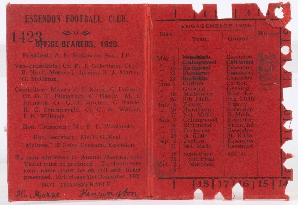 ESSENDON: 1926 Member's Season Ticket, with Fixture List & holes ...